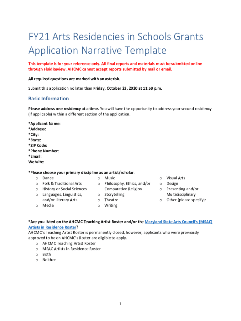 Fillable Online FY21 Arts Residencies in Schools Grants Application Narrative Template Fax Email ...