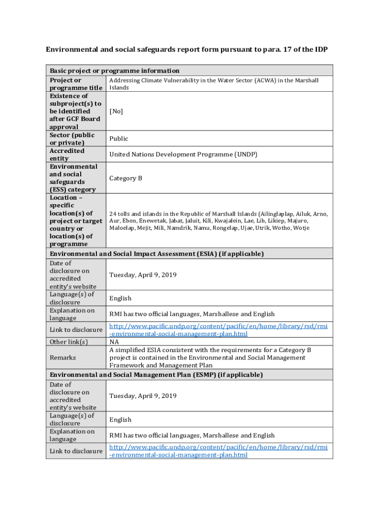 Fillable Online Environmental and social safeguards report form ...
