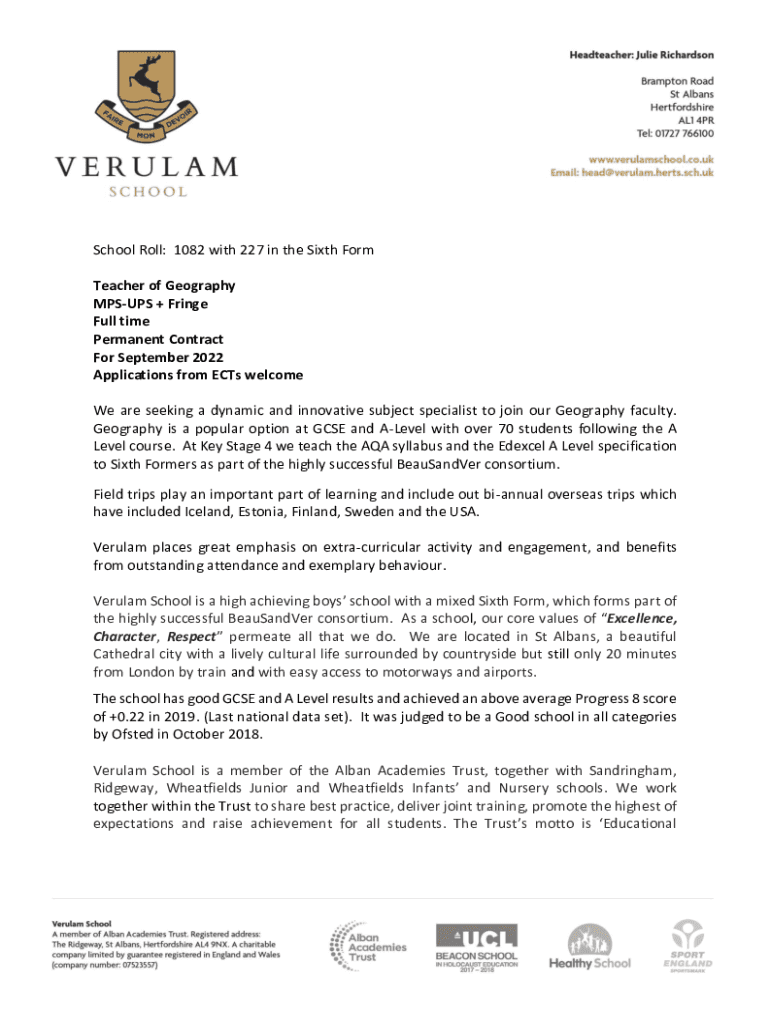 Fillable Online School Roll: 1082 with 227 in the Sixth Form - Teach in Herts Fax Email Print ...