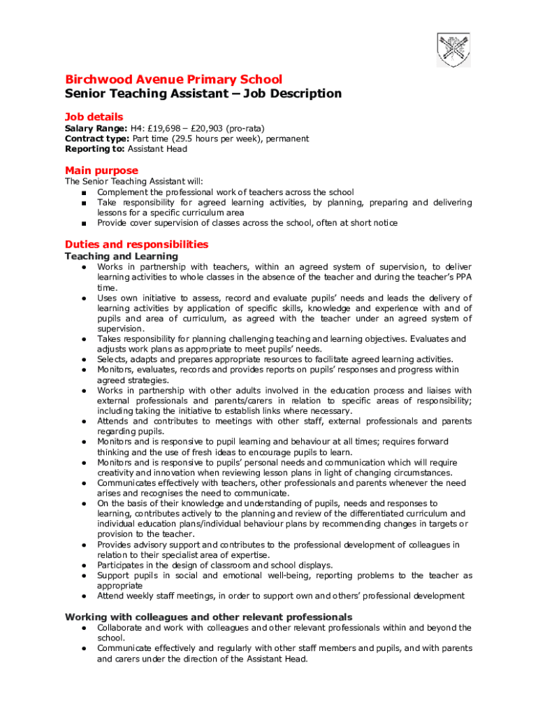Fillable Online HomeBirchwood Avenue Primary SchoolTeacher Assistant ...
