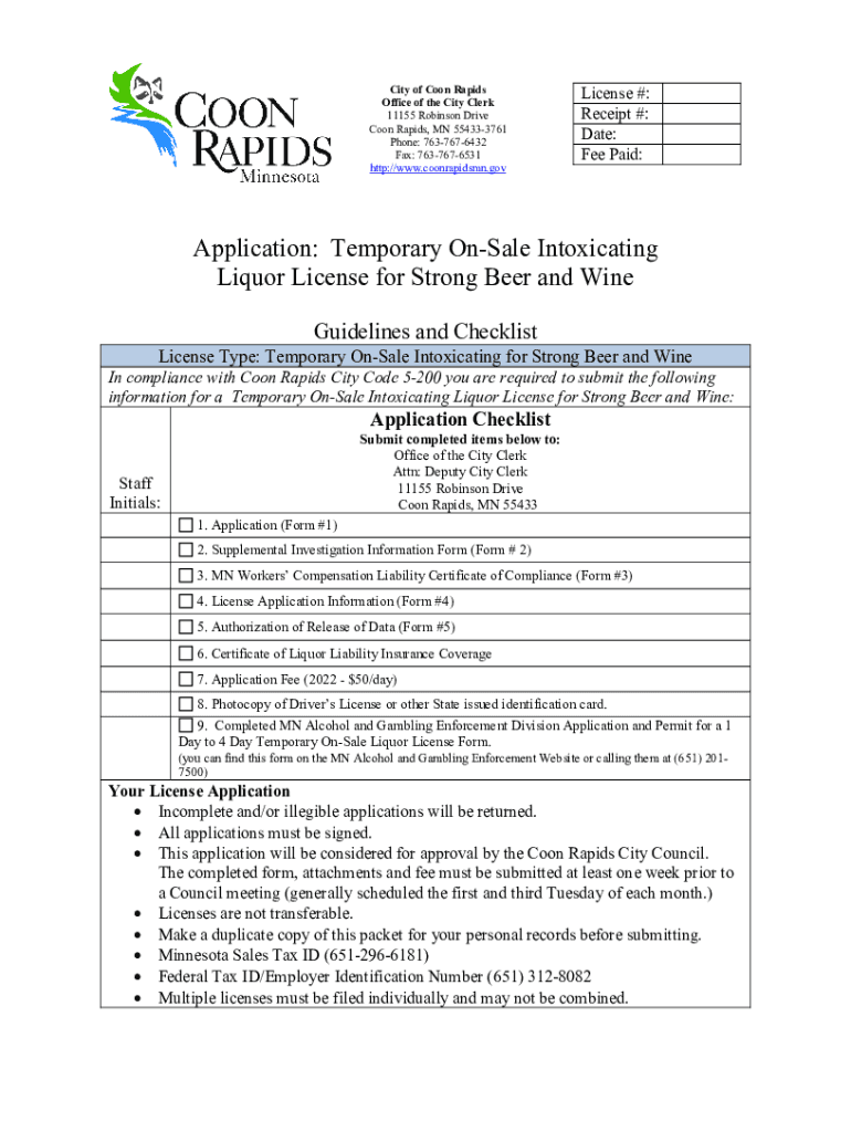 Fillable Online Application: Temporary On-Sale Intoxicating Liquor ...