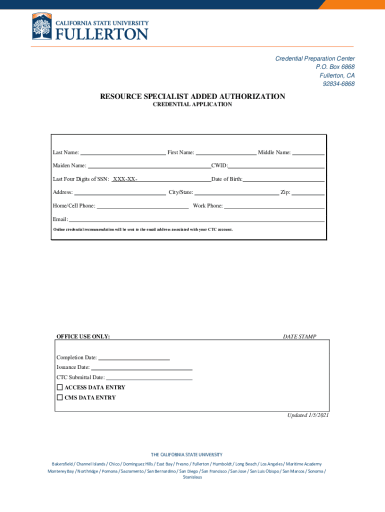 Fillable Online ed fullerton RESOURCE SPECIALIST ADDED AUTHORIZATION Fax Email Print - pdfFiller