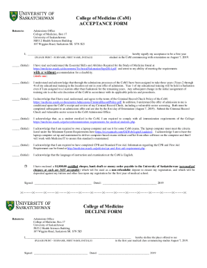 Fillable Online medicine usask College of Medicine (CoM) ACCEPTANCE FORM Fax Email Print - pdfFiller