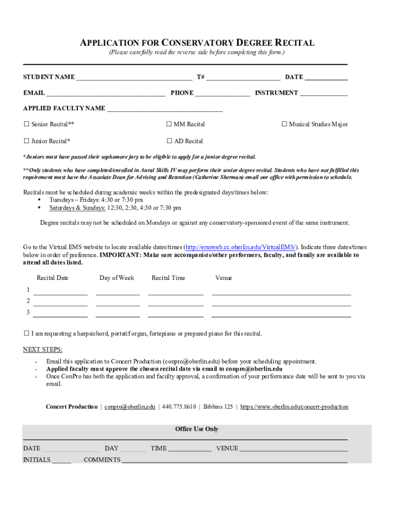 Fillable Online Application for Conservatory Degree Recital - Docest ...