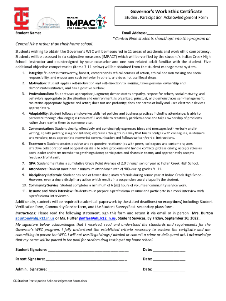 Fillable Online Governor's Work Ethic Certificate - Student Participation ... Fax Email Print ...