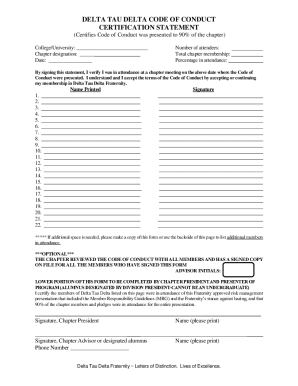 Fillable Online DELTA TAU DELTA CODE OF CONDUCT CERTIFICATION ... Fax ...