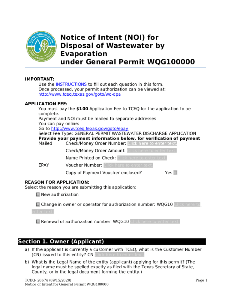 Notice of Intent (NOI) for Disposal of Wastewater by Evaporation ...