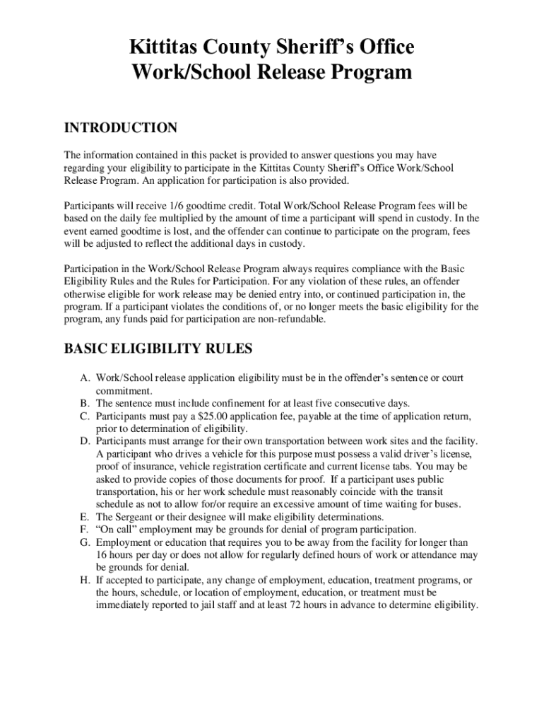 Fillable Online Kittitas County Sheriff's Office Work/School Release ...