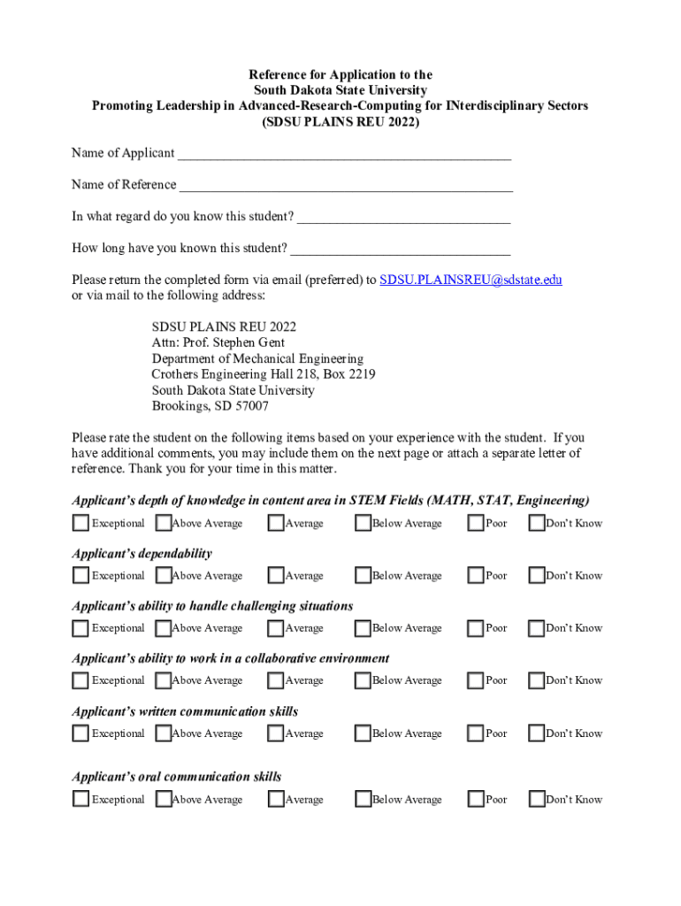 Fillable Online SDSU PLAINS REU Reference Form Fax Email Print - pdfFiller