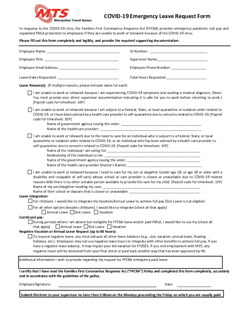 Fillable Online COVID-19 Emergency Leave Request Form Fax Email Print ...