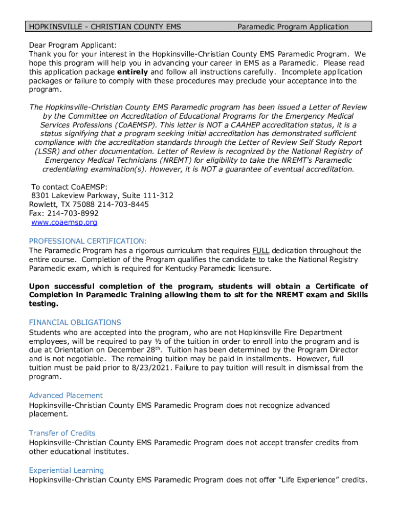 Fillable Online CHRISTIAN COUNTY EMS Paramedic Program Application Fax ...