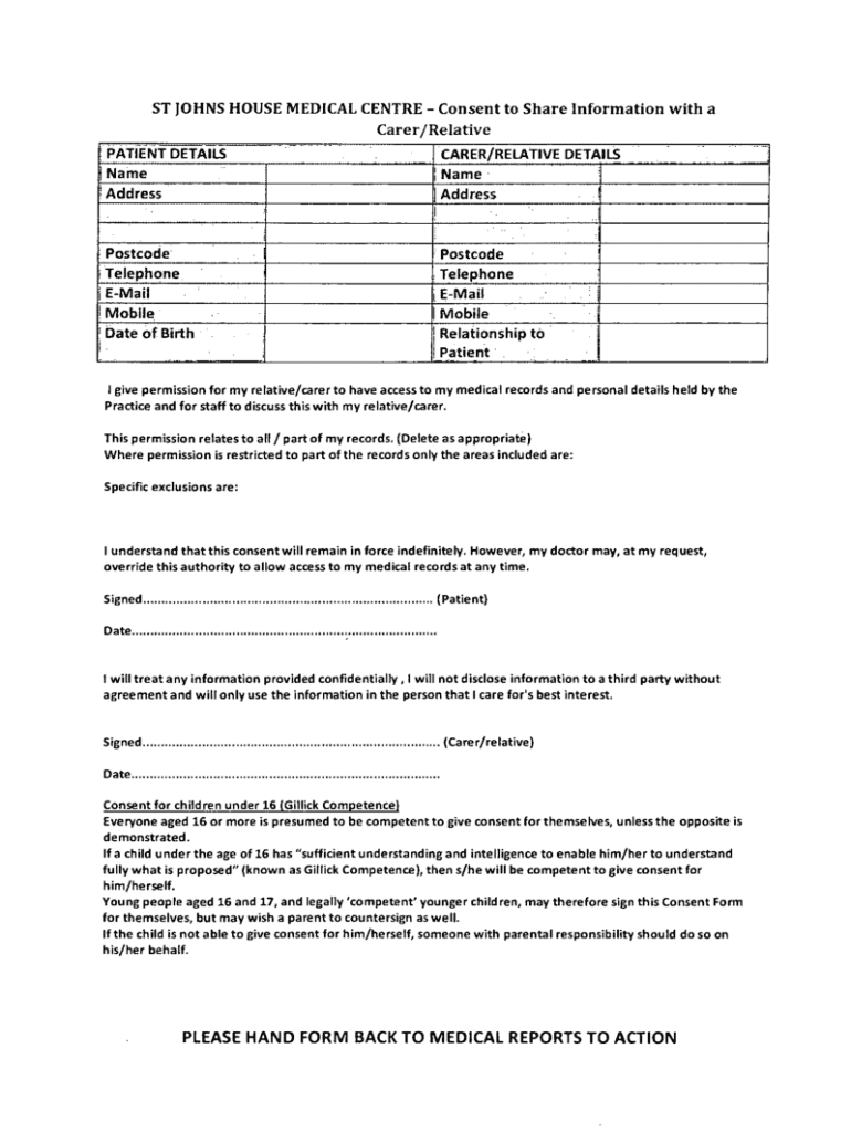 Fillable Online Consent to Share Information with a Carer/Relative ...