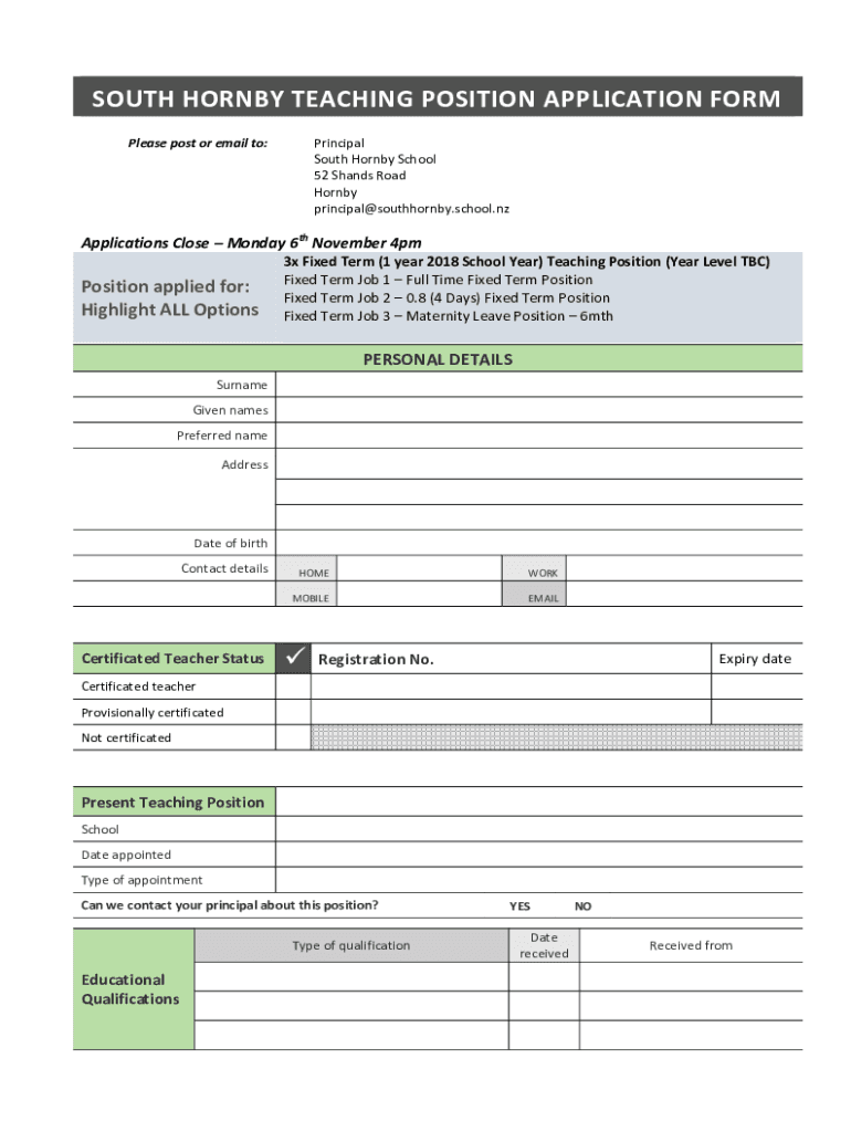 Fillable Online SOUTH HORNBY TEACHING POSITION APPLICATION FORM Fax Email Print - pdfFiller