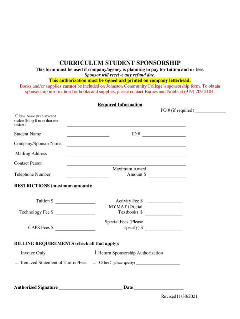 Fillable Online CURRICULUM STUDENT SPONSORSHIP - Johnston Community College Fax Email Print ...