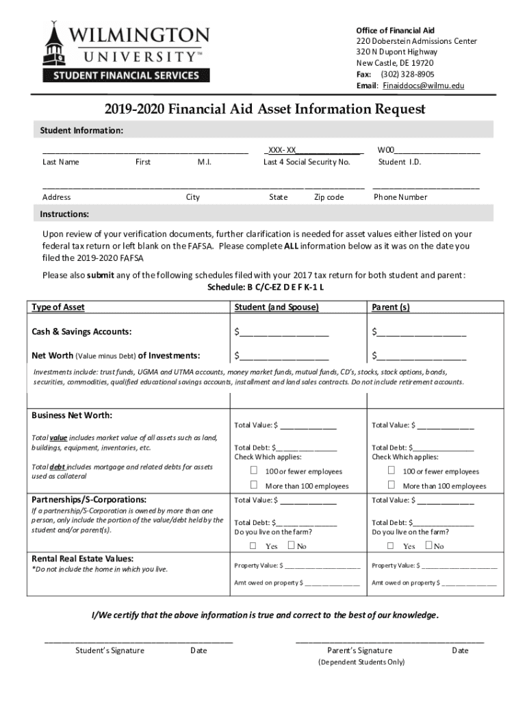 Fillable Online 2019-2020 Financial Aid Asset Information Request Fax ...