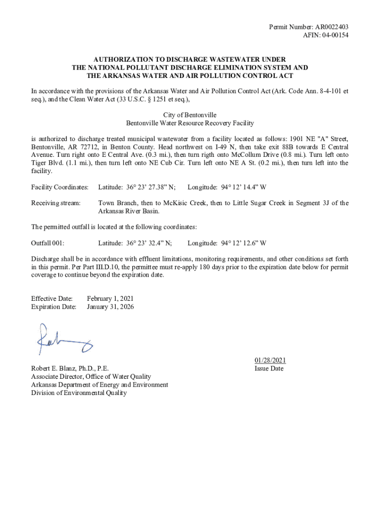 Fillable Online AUTHORIZATION TO DISCHARGE WASTEWATER UNDER THE ...