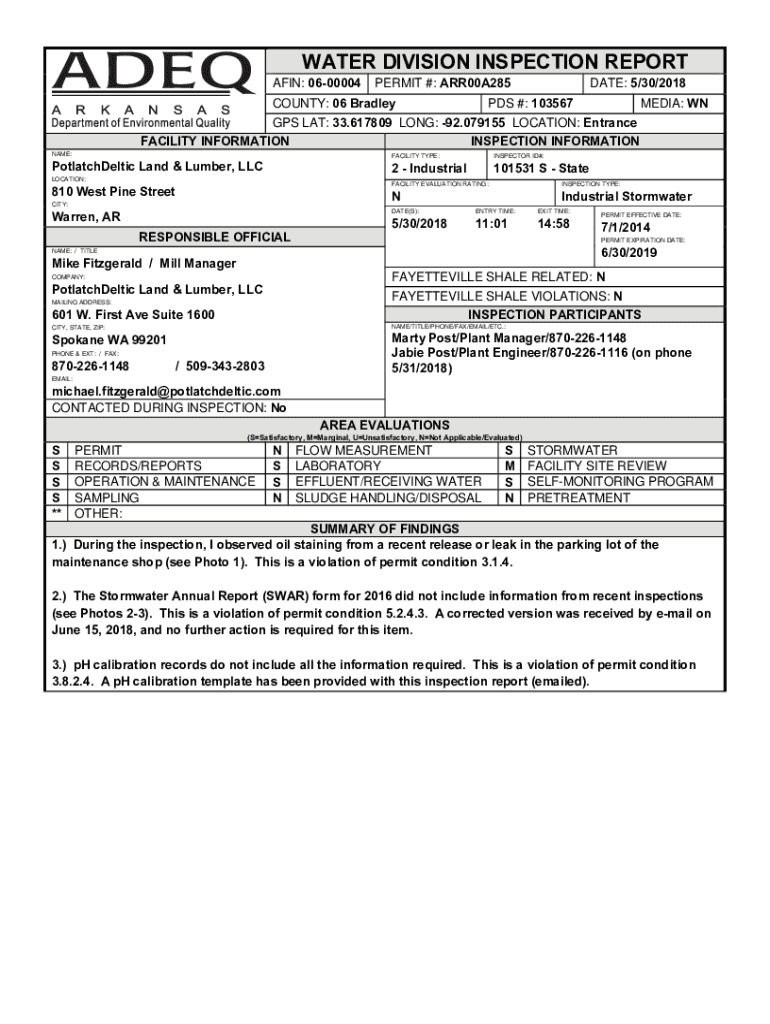 Fillable Online City Corporation WATER DIVISION INSPECTION REPORT Fax ...