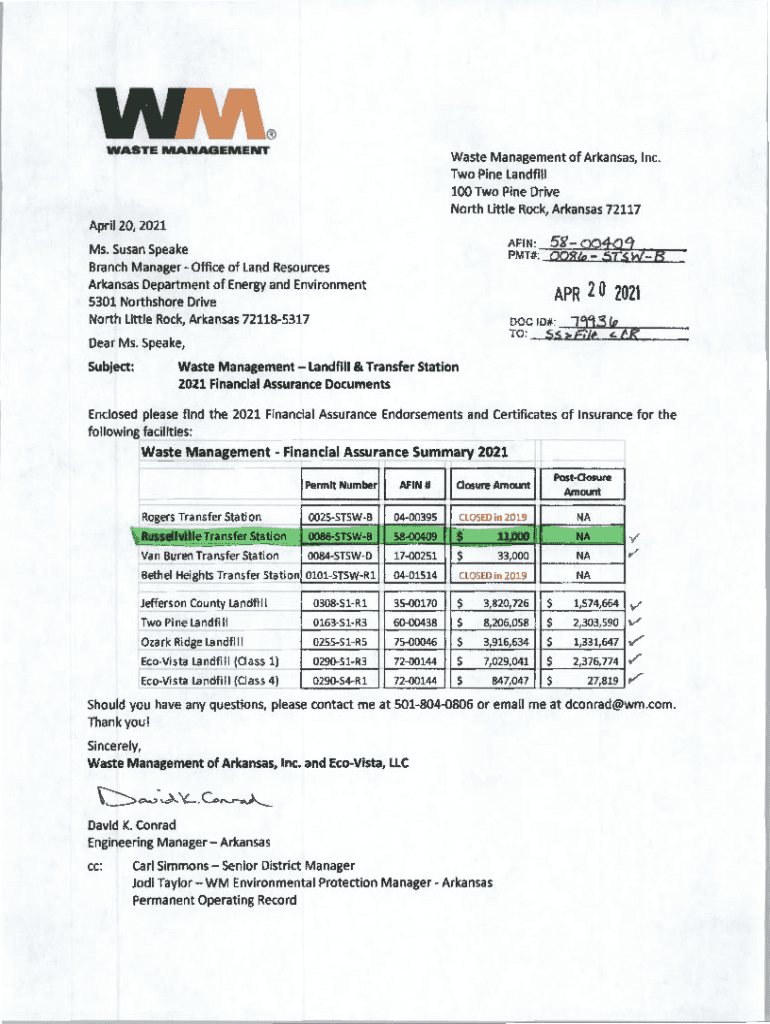 Fillable Online Waste Management - Two Pine Landfill - North Little Rock, AR Fax Email Print ...