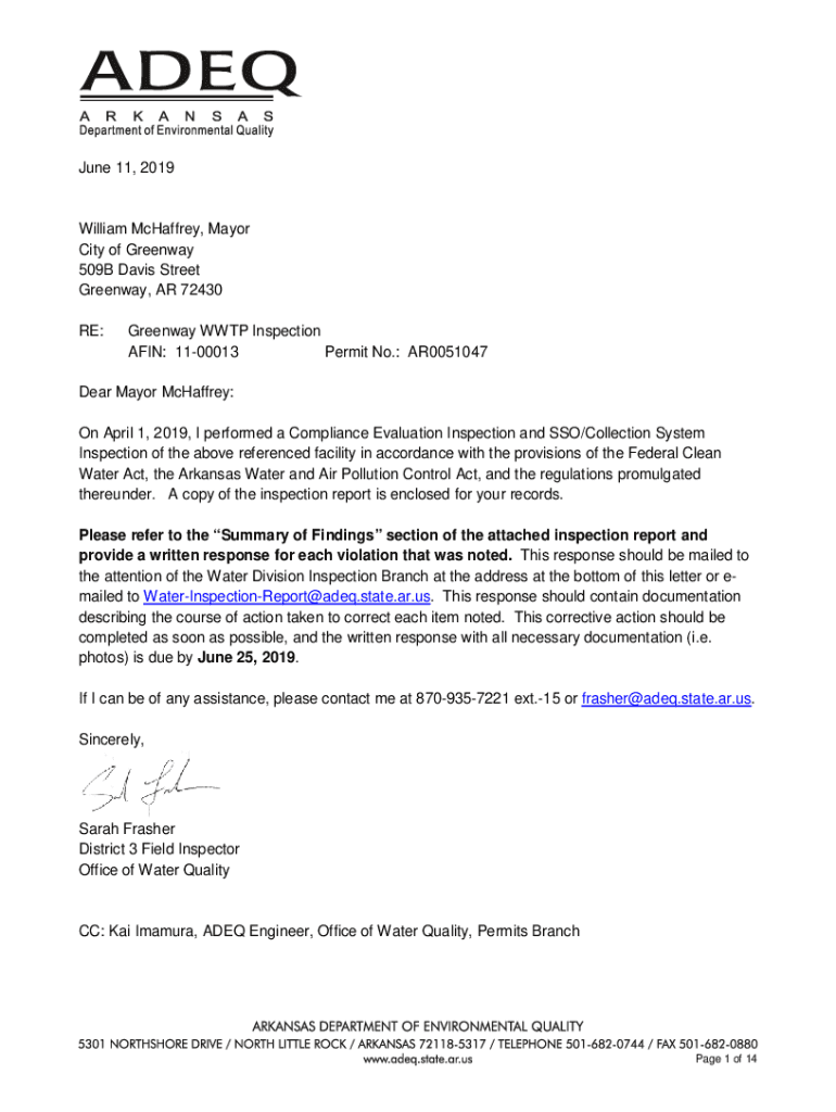 Fillable Online Greenway WWTP Inspection - ADEQ Fax Email Print - pdfFiller