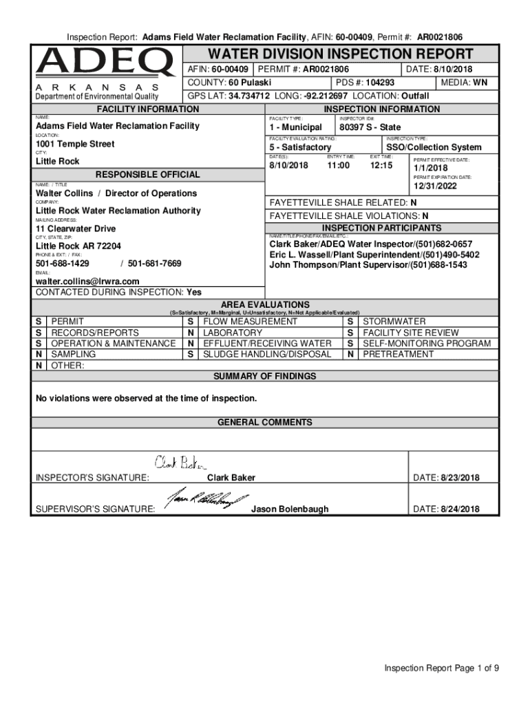 Fillable Online Adams Field Water Reclamation Facility WATER DIVISION INSPECTION REPORT Fax ...