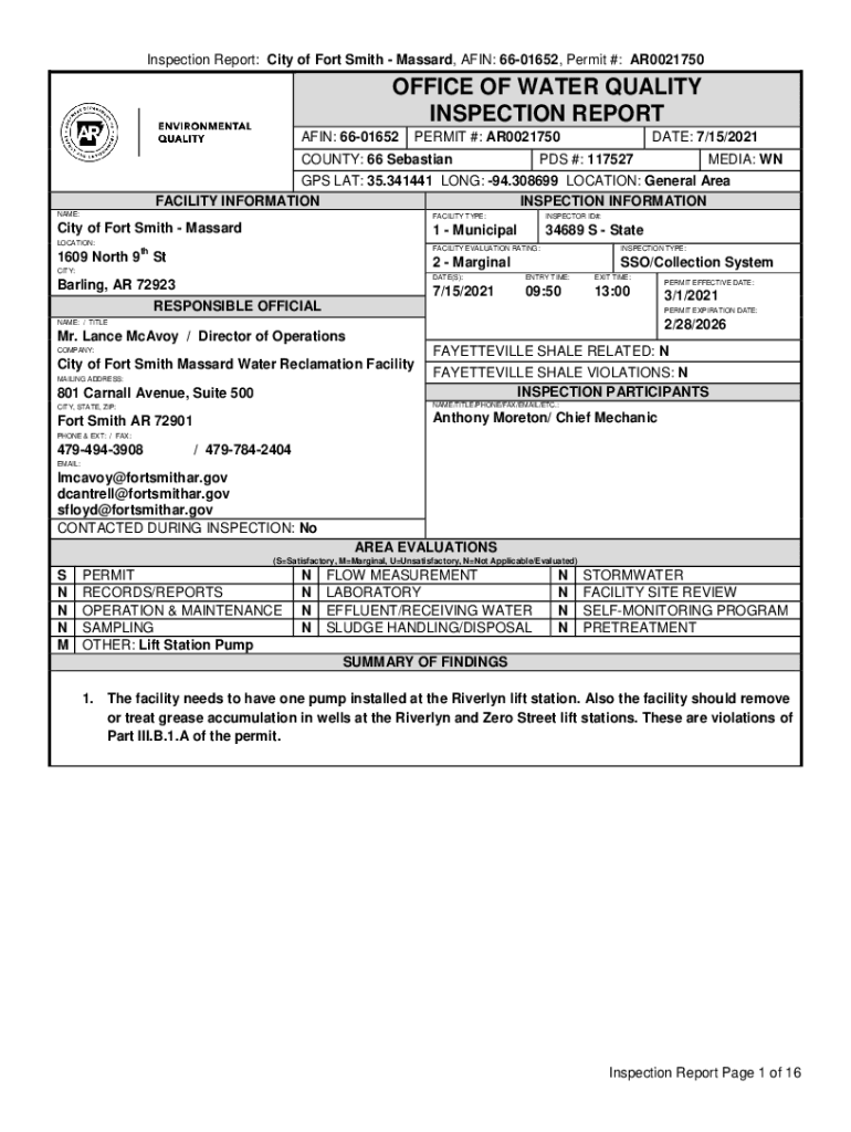 Fillable Online City of Fort Smith - Massard OFFICE OF WATER QUALITY INSPECTION REPORT Fax Email ...