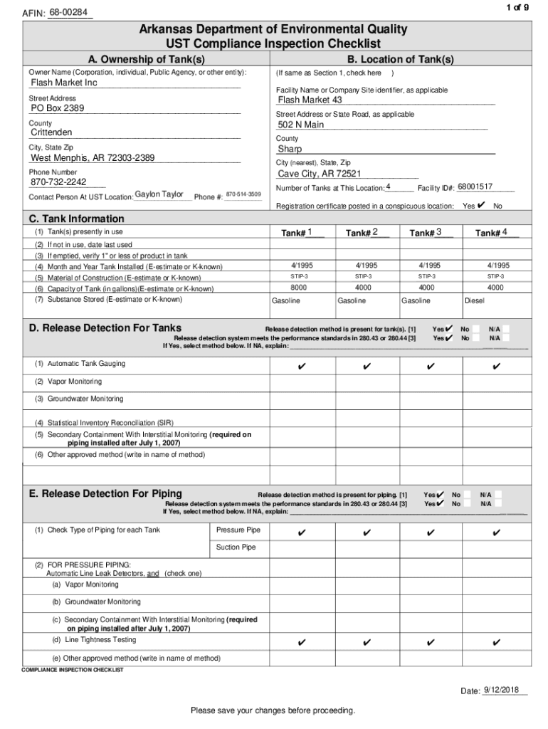 Fillable Online UST Compliance Inspection Checklist - ADEQ Fax Email ...