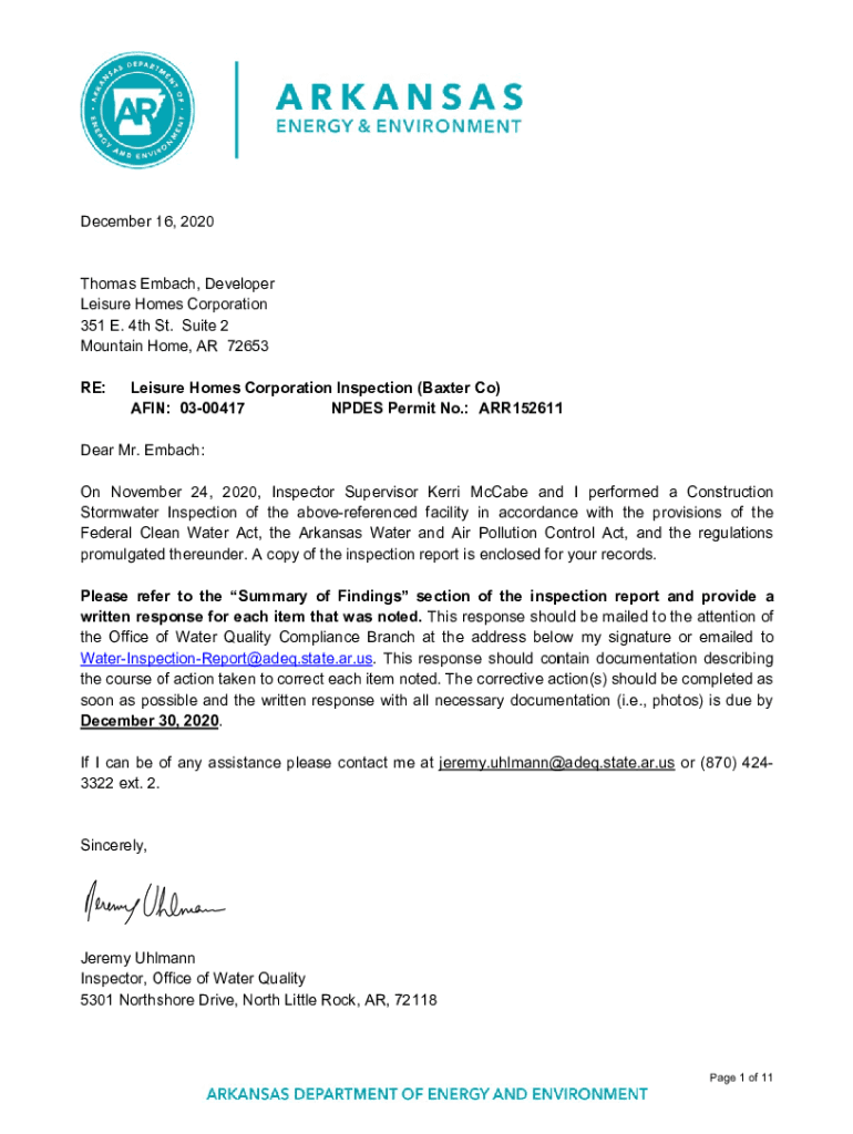 Fillable Online Leis AFIN Dear Mr. Em On Novem Stormwater ... - ADEQ ...