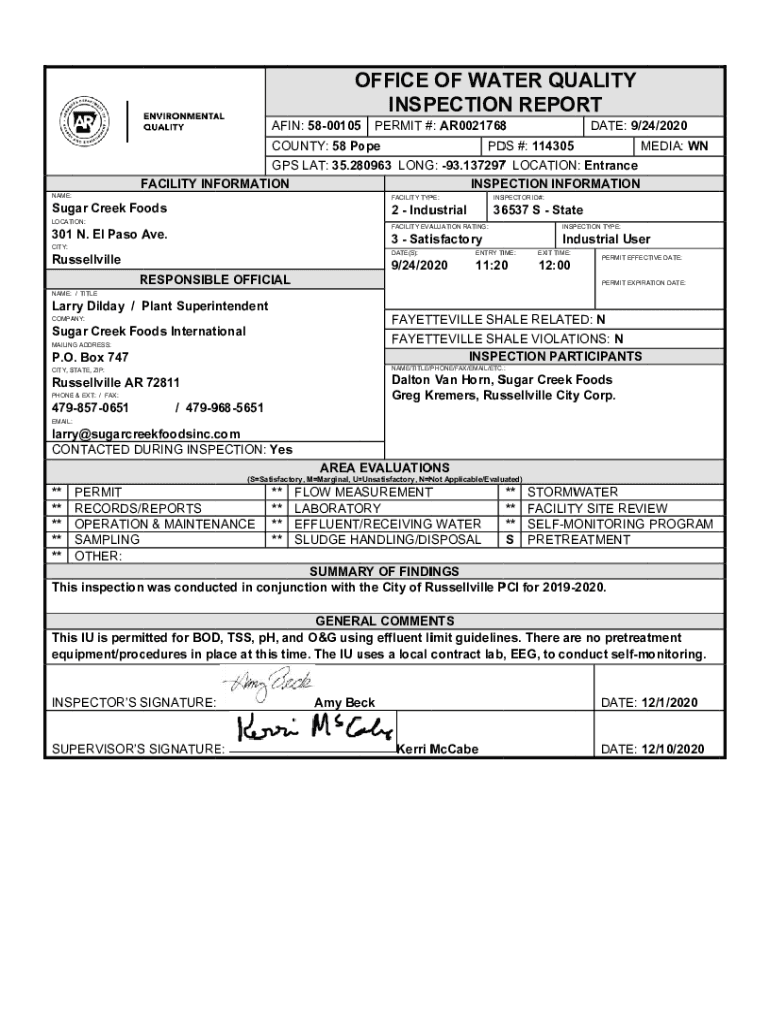 Fillable Online OFFICE OF WAT ER QUALITY INSPECTION REPORT - adeq.state ...