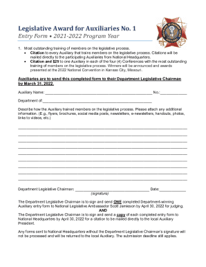 Fillable Online Legislative Award for Auxiliaries No. 1 - VFW Auxiliary ...
