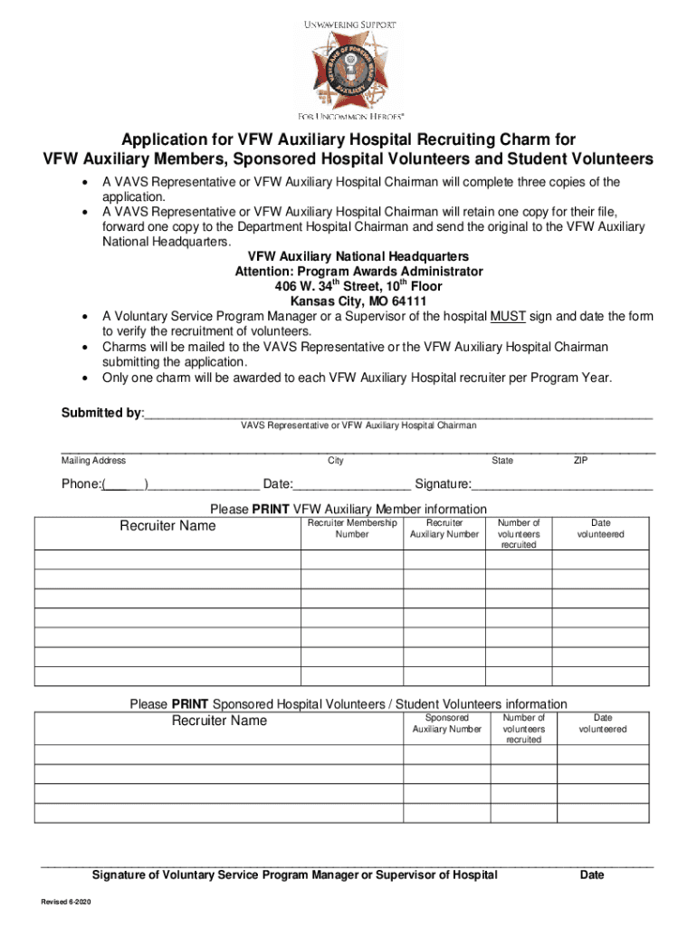 Fillable Online Application for VFW Auxiliary Hospital Recruiting Charm ...