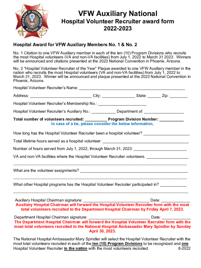 Fillable Online Hospital Award for VFW Auxiliary Members No. 1 & No. 2 ...