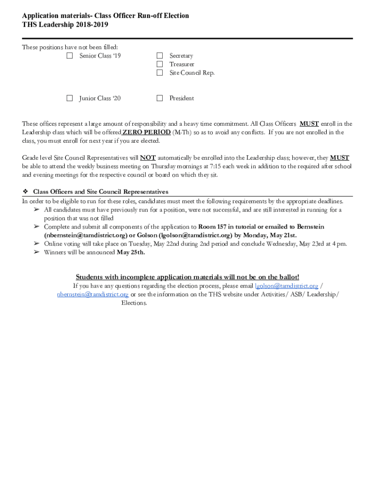 Fillable Online Class Officer Run-off Election THS Leadership 2018-2019 ...