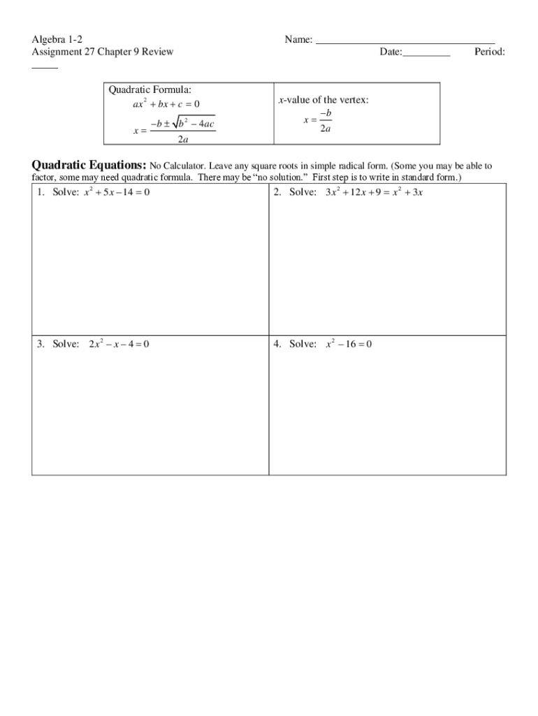 Fillable Online Using the Vertex Formula-Quadratic Functions - Algebra ...