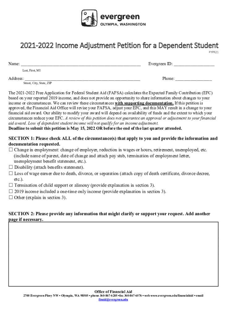 Fillable Online 2021-2022 Income Adjustment Request - Dependent ...