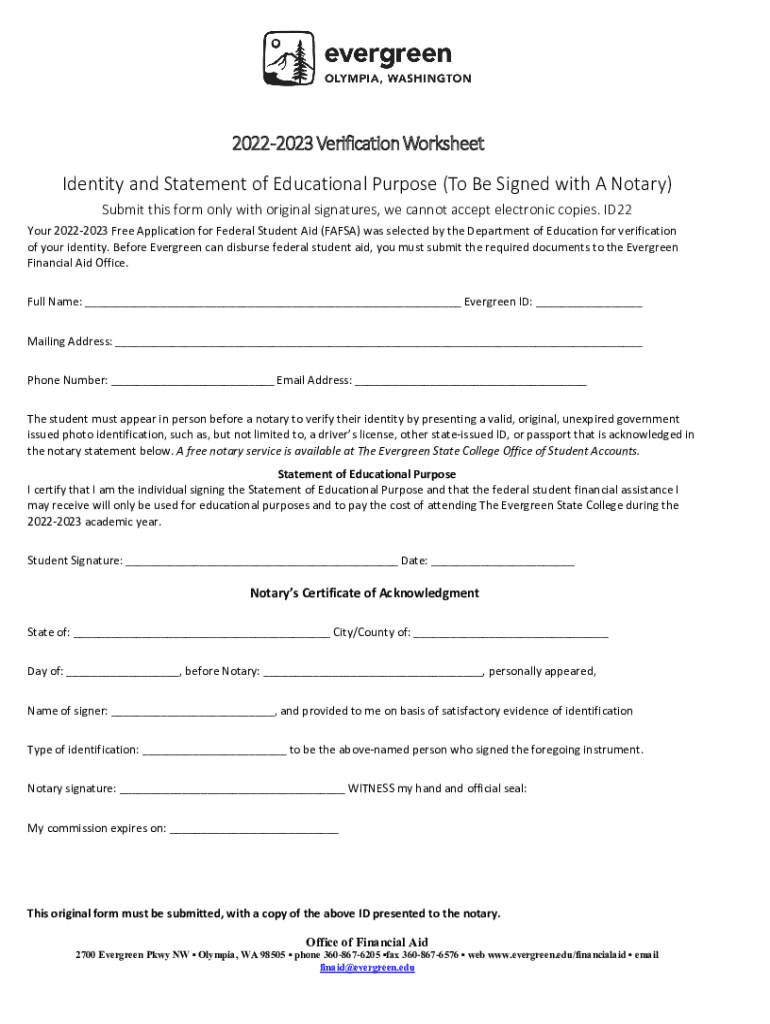 Fillable Online 2022-2023 Verification Worksheet Identity and Statement of Educational ... Fax ...