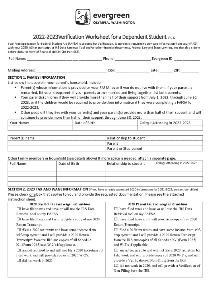 Fillable Online 2022-2023 Verification Worksheet Dependent Student- Tracking Group V1 Fax Email ...