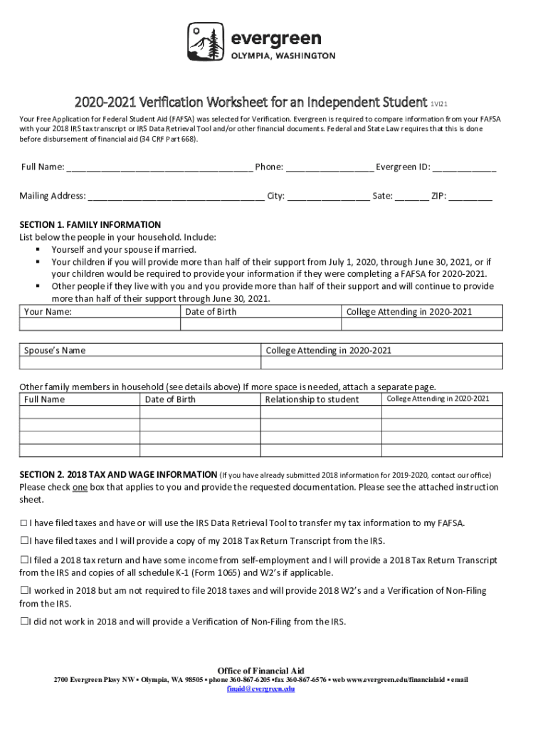 Fillable Online Fillable 20202021 V1 Verification Worksheet Independent ...