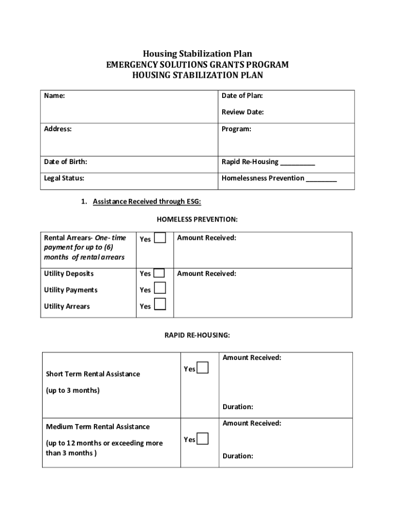 Fillable Online Housing Stabilization Plan EMERGENCY SOLUTIONS GRANTS ...