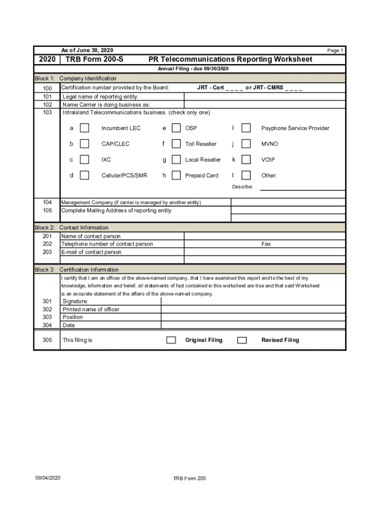 Fillable Online 2020 TRB Form 200-S PR Telecommunications Reporting ...