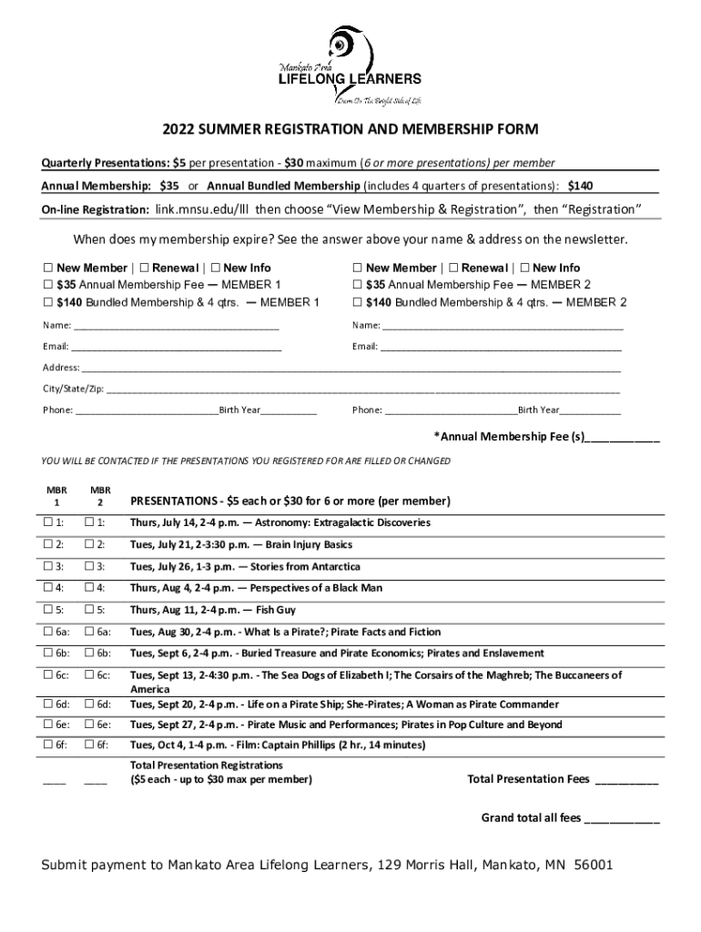 Fillable Online 2022 SUMMER REGISTRATION AND MEMBERSHIP FORM Fax Email ...