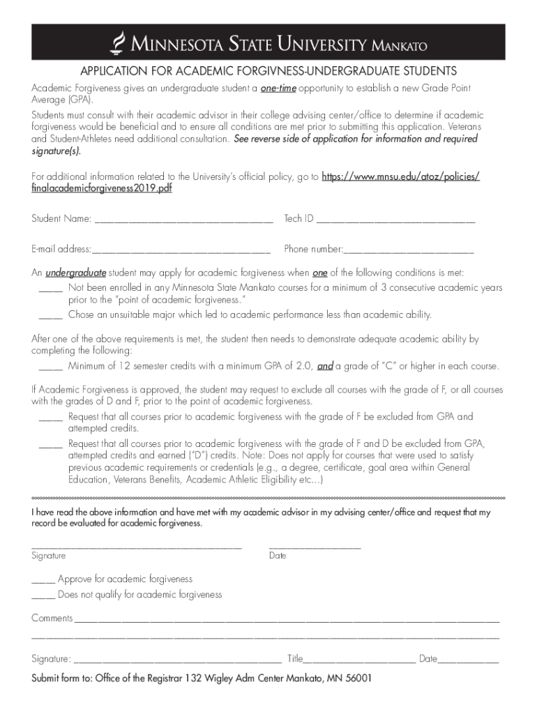 Fillable Online Academic Forgiveness for Undergraduate ...