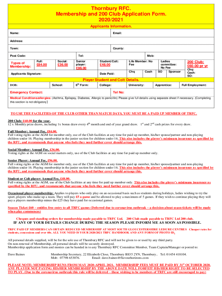 Fillable Online Thornbury RFC. Membership and 200 Club Application Form ...
