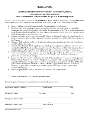 Fillable Online UWSP UNIFORM STATEMENT OF RESPONSIBILITY, RELEASE ...