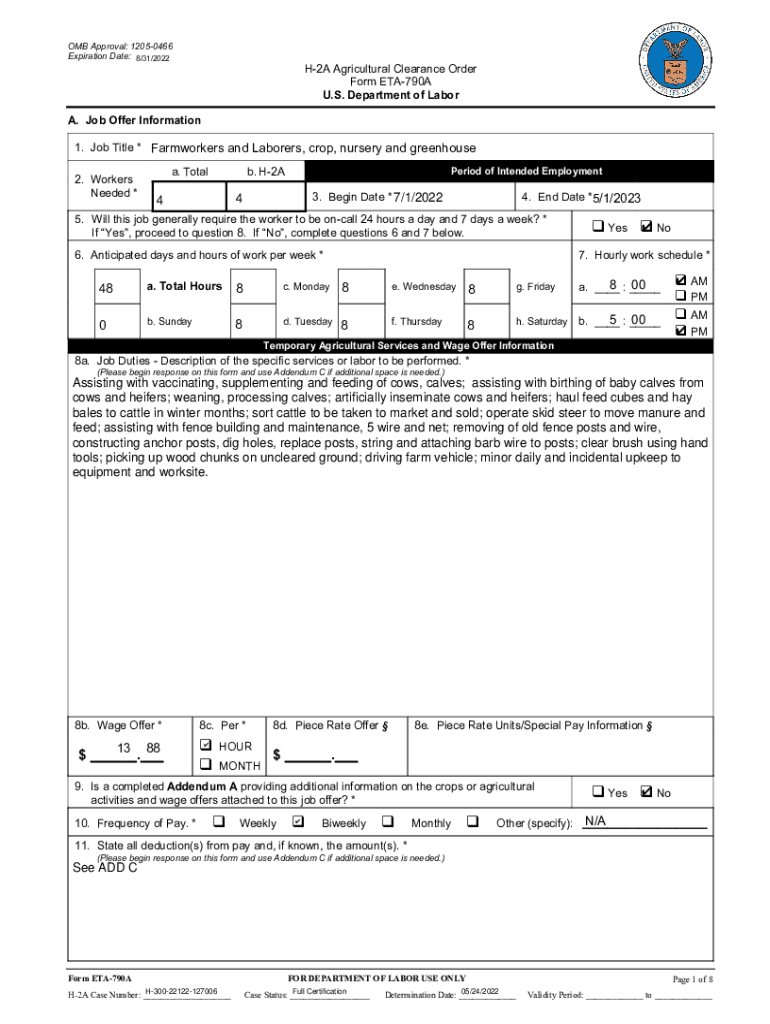 Fillable Online H-2A Agricultural Clearance Order Form ETA-790A - DOL ...