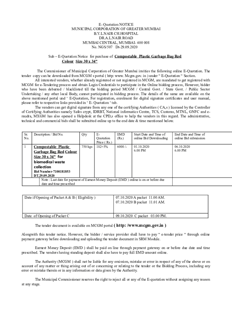 Fillable Online E- Quotation NOTICE MUNICIPAL CORPORATION OF ... Fax ...