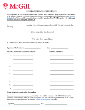 Fillable Online official nomination form: senate - McGill University ...