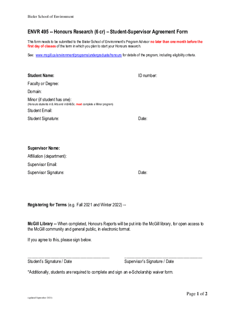 Fillable Online ENVR 495 -- Honours Research (6 cr) Student-Supervisor ...