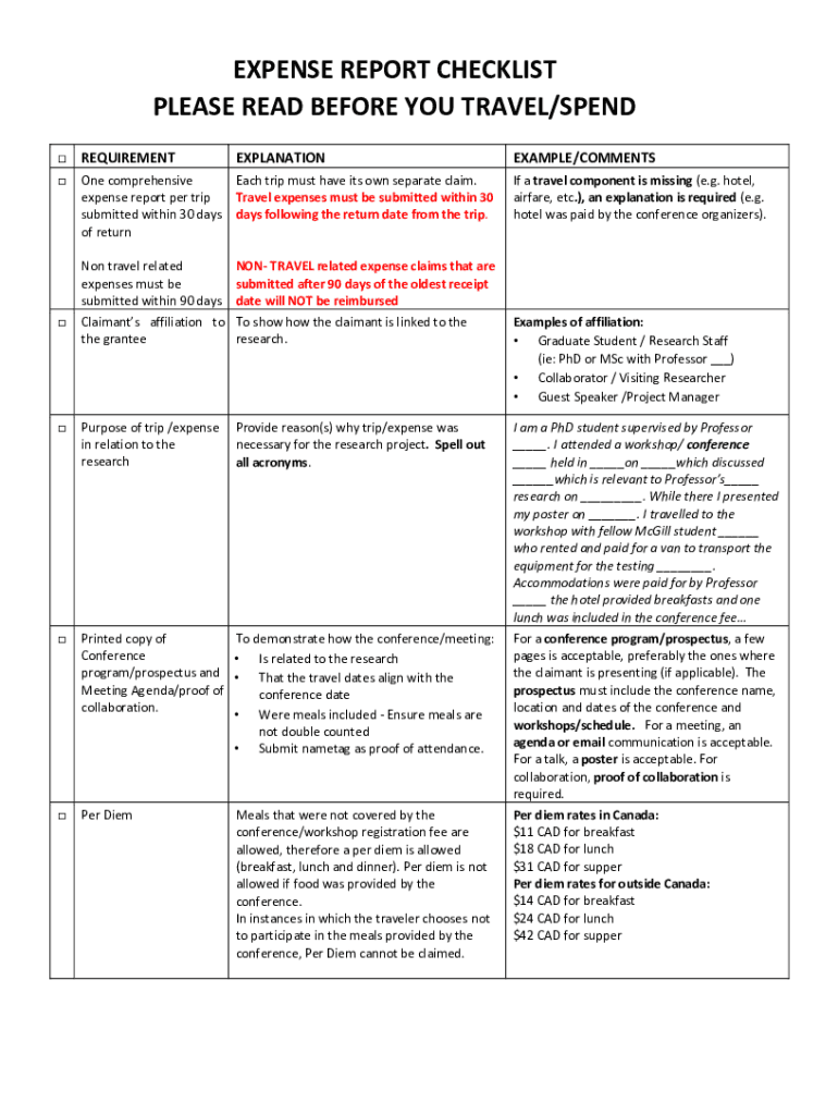 Fillable Online EXPENSE REPORT CHECKLIST PLEASE READ BEFORE YOU TRAVEL - McGill University Fax ...