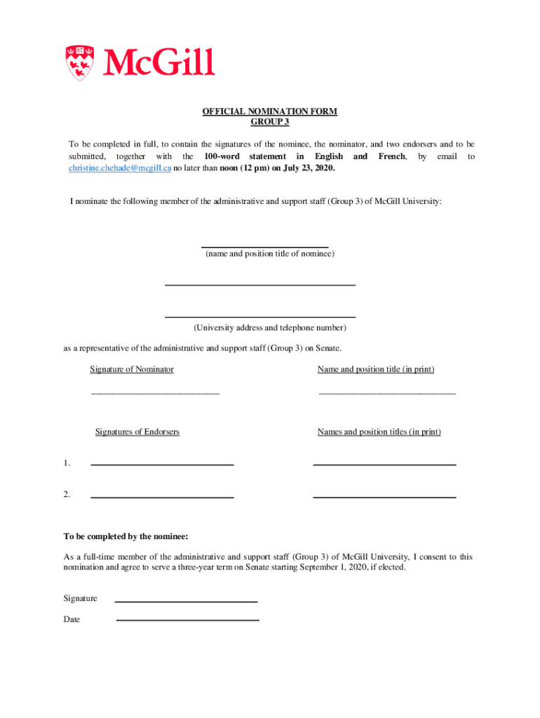 Fillable Online official nomination form - McGill University Fax Email Print - pdfFiller