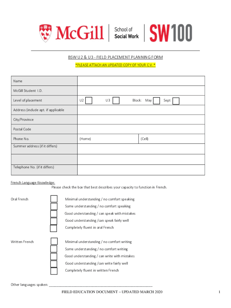 Fillable Online Fillable Online BSW U2 & U3 - FIELD PLACEMENT PLANNING ...